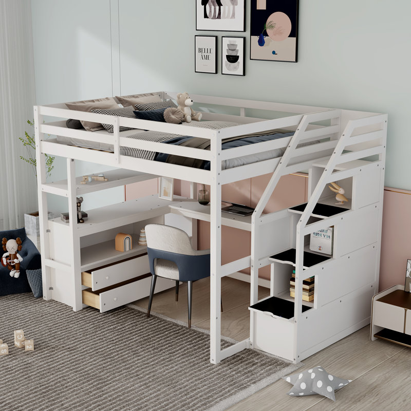 Full Size Loft Bed With Desk And Shelves And Drawers Grey